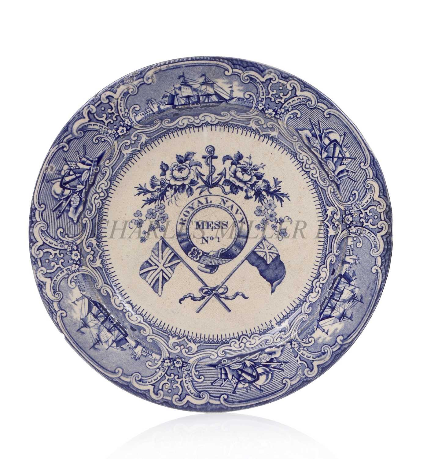 Lot 193 - A RARE BLUE AND WHITE NAVAL MESS PLATE,